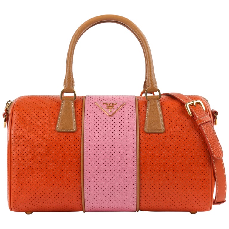 PRADA Boston Papaya Caramel Pink Saffiano Fori Perforated Satchel ...