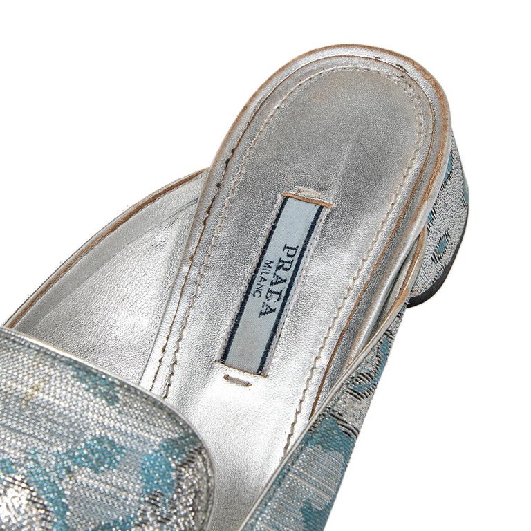 Prada Brocade Fabric And Leather Crystal Buckle Mules Sandals Size 39 ...
