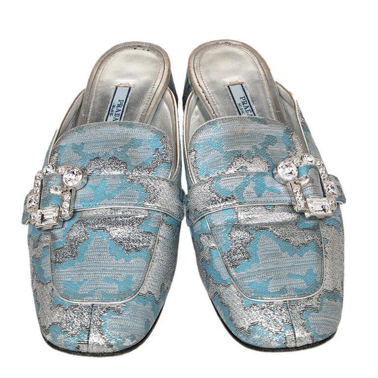 Prada Brocade Fabric And Leather Crystal Buckle Mules Sandals Size 39 ...