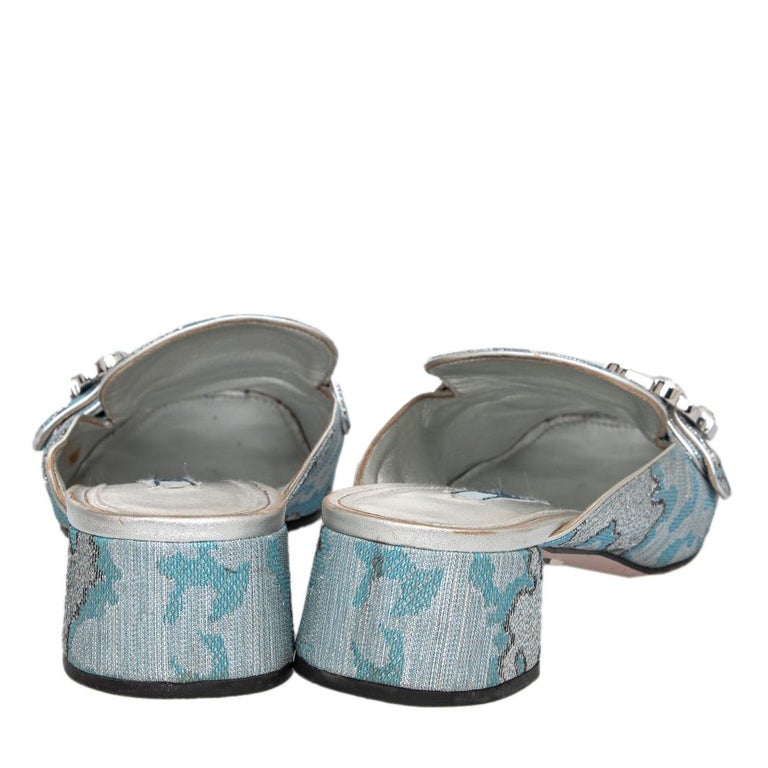 Prada Brocade Fabric And Leather Crystal Buckle Mules Sandals Size 39 ...
