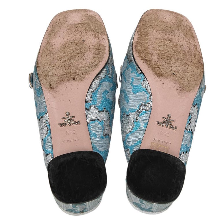Prada Brocade Fabric And Leather Crystal Buckle Mules Sandals Size 39 ...
