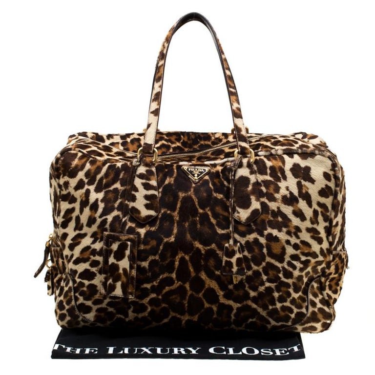 Prada Brown Animal Print Calf Hair Weekender Bag For Sale at 1stDibs