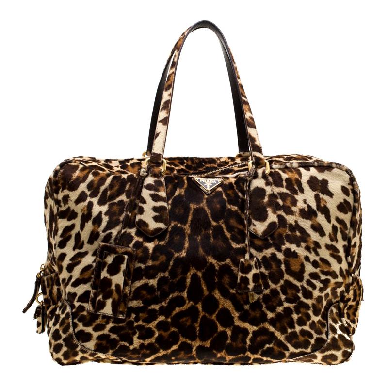 Prada Brown Animal Print Calf Hair Weekender Bag For Sale at 1stDibs