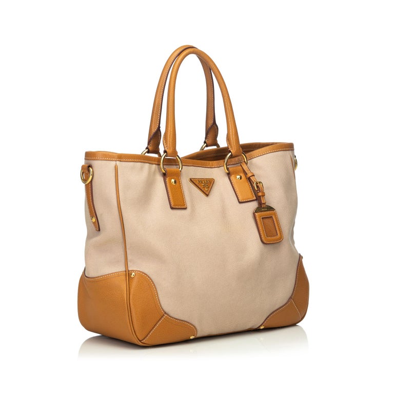 Prada Brown Beige Canvas Fabric Canapa Tote Bag Italy For Sale at 1stDibs