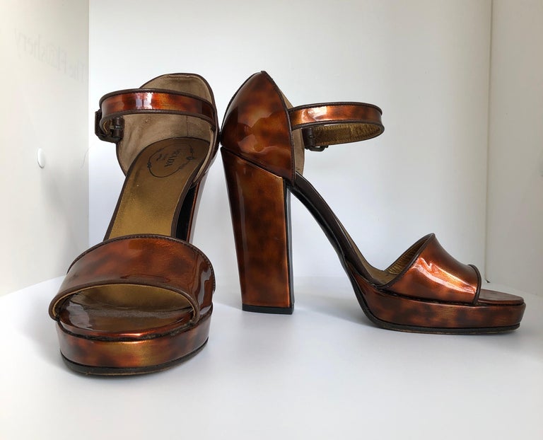 Prada Brown Faux Tortoiseshell Patent Leather High Block Heel Sandals ...