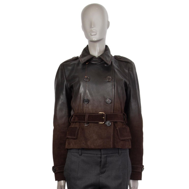PRADA brown GRADIENT LEATHER and SUEDE Belted Jacket 46 XL For Sale at ...