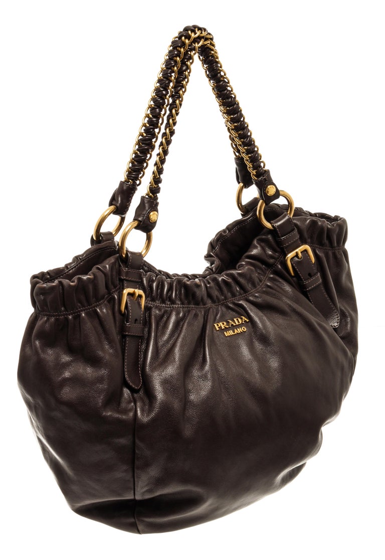 Prada Brown Leather Vitello Daino Shoulder Bag For Sale at 1stDibs