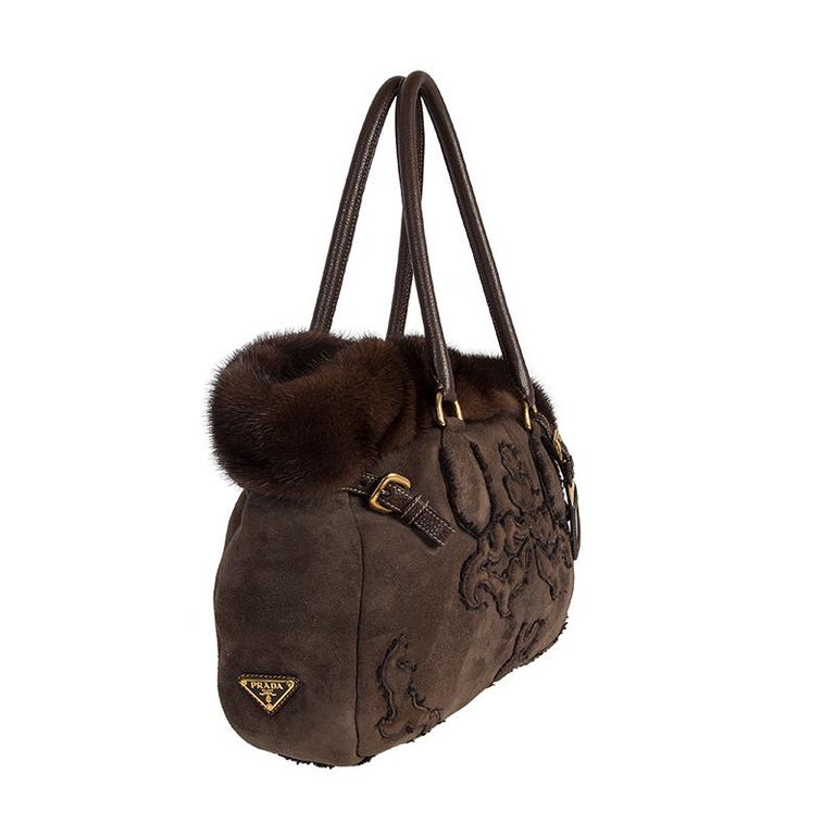 PRADA brown SHEARLING MINK TRIM Tote Bag at 1stDibs