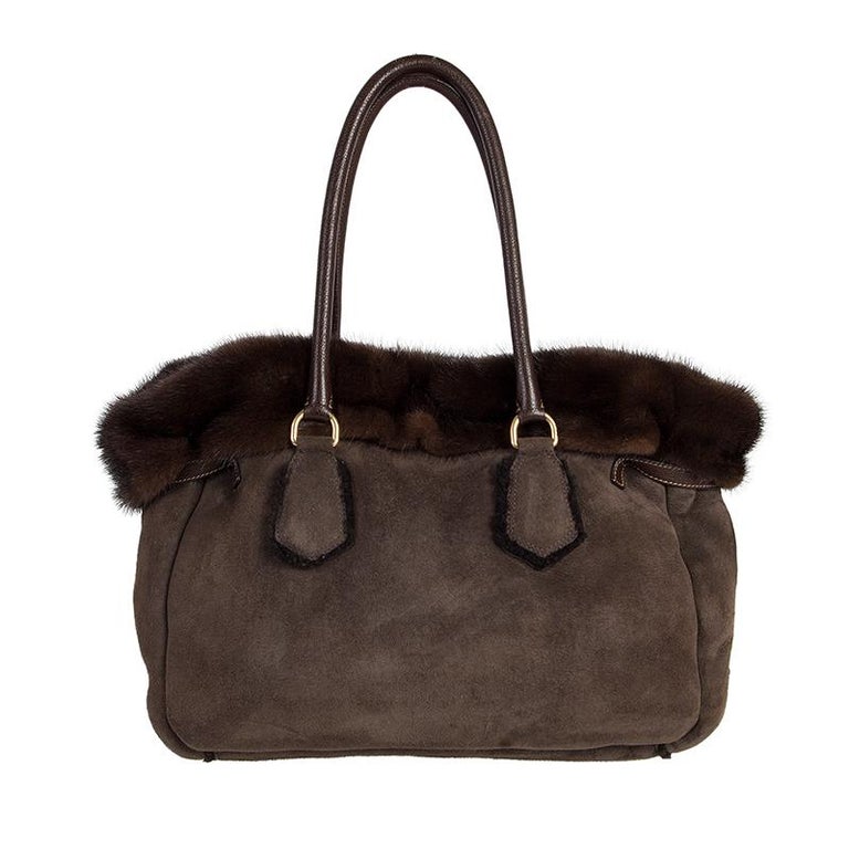 PRADA brown SHEARLING MINK TRIM Tote Bag at 1stDibs