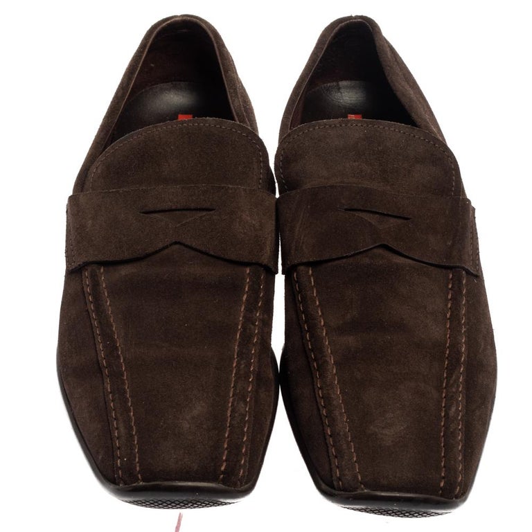 Prada Brown Suede Penny Loafers Size 44 For Sale at 1stDibs
