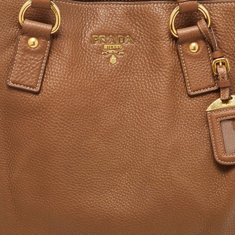 Prada Brown Vitello Daino Leather Side Zip Tote For Sale at 1stDibs