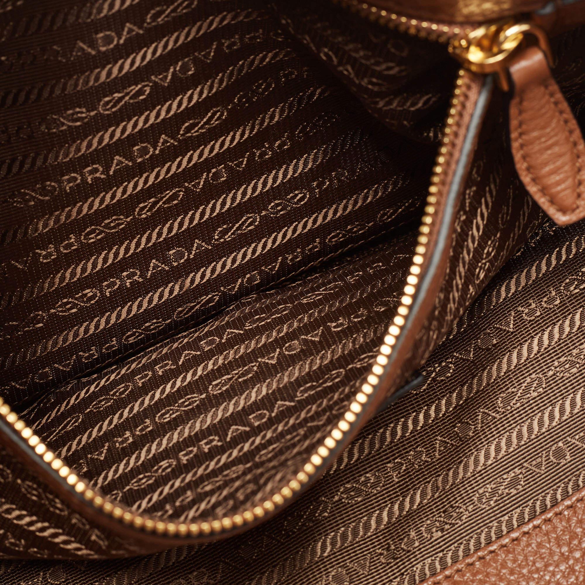 Prada Brown Vitello Danio Leather Logo Embossed Tote For Sale at 1stDibs