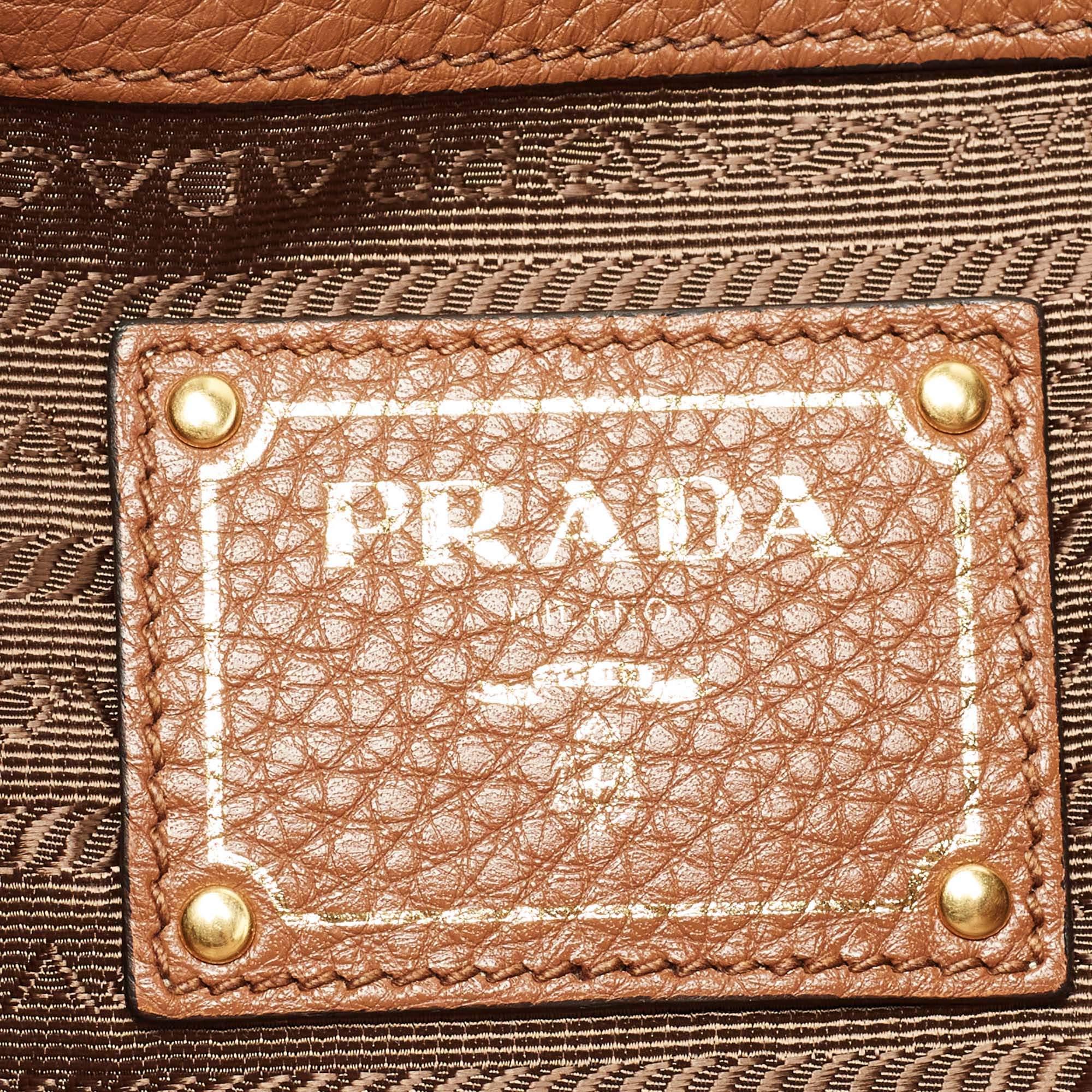 Prada Brown Vitello Danio Leather Logo Embossed Tote For Sale at 1stDibs