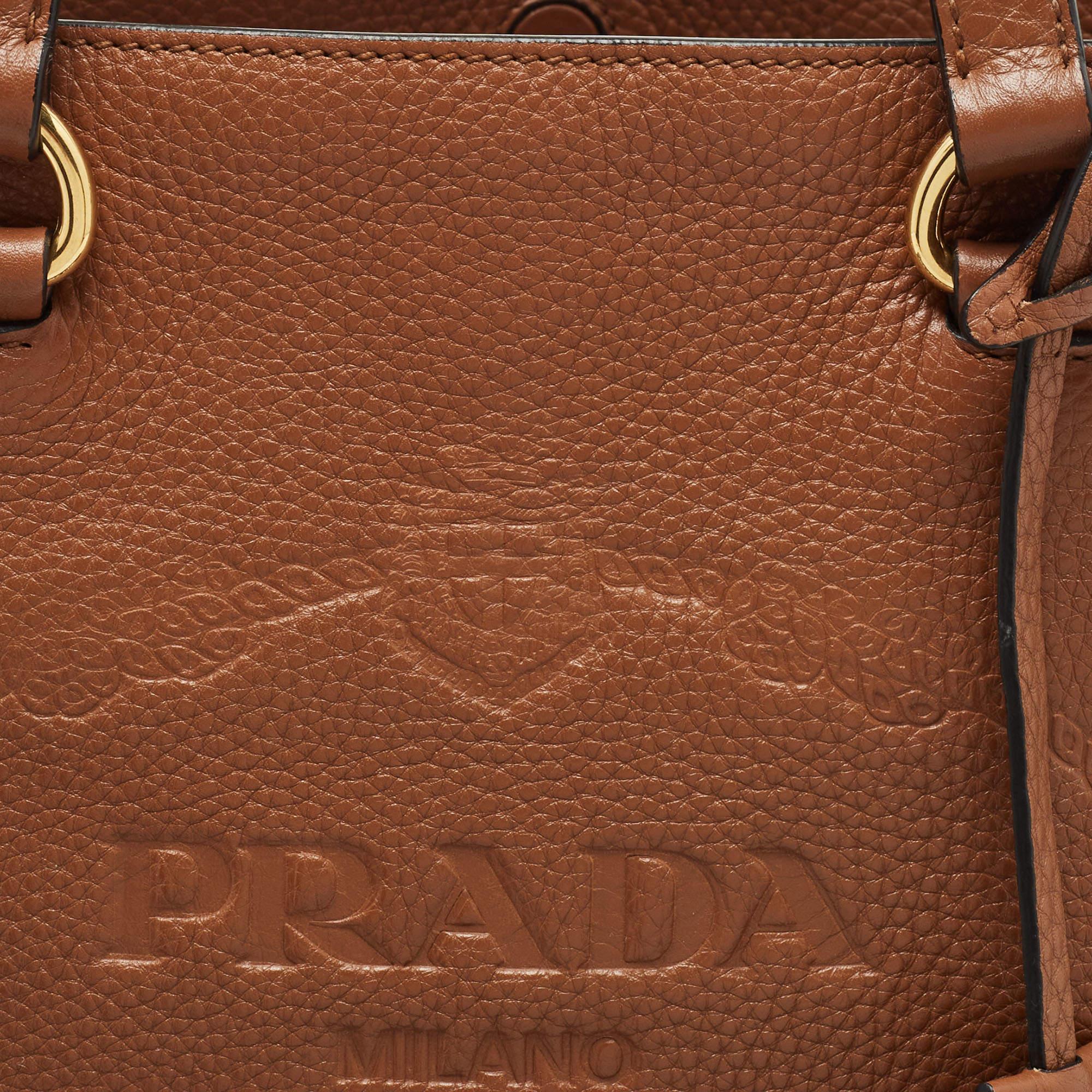 Prada Brown Vitello Danio Leather Logo Embossed Tote For Sale at 1stDibs