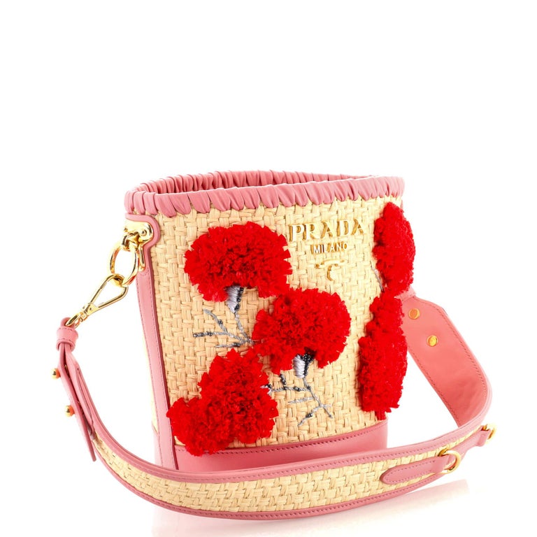 Prada Bucket Bag Woven Raffia with Leather with Applique Small at 1stDibs