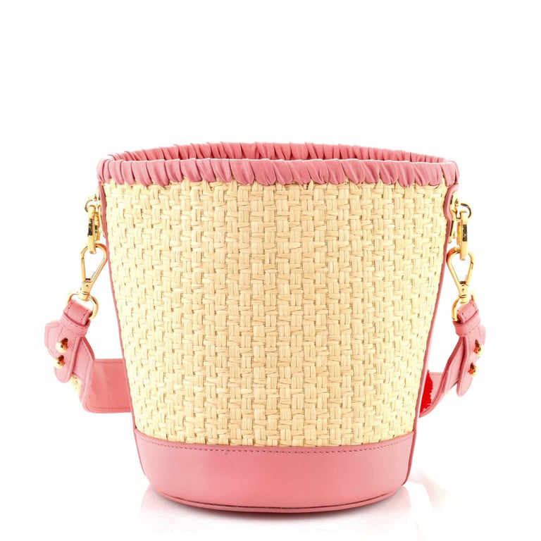 Prada Bucket Bag Woven Raffia with Leather with Applique Small at 1stDibs
