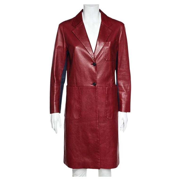 Prada Burgundy Leather Button Front Coat S For Sale at 1stDibs