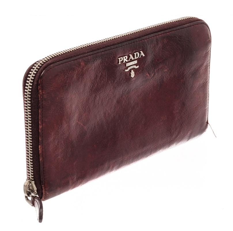 Prada Burgundy Leather Zippy Wallet For Sale at 1stDibs