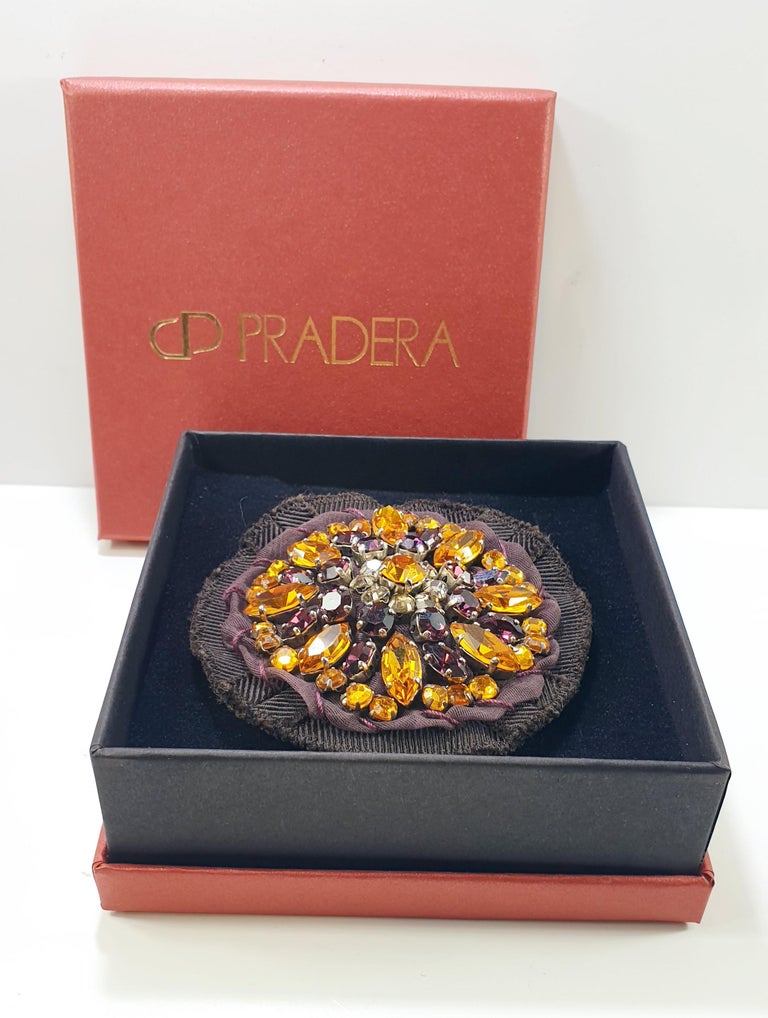 Prada Canvas flower Brooch brown tone fabric with citrine color ...