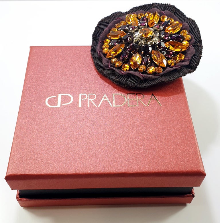 Prada Canvas flower Brooch brown tone fabric with citrine color ...