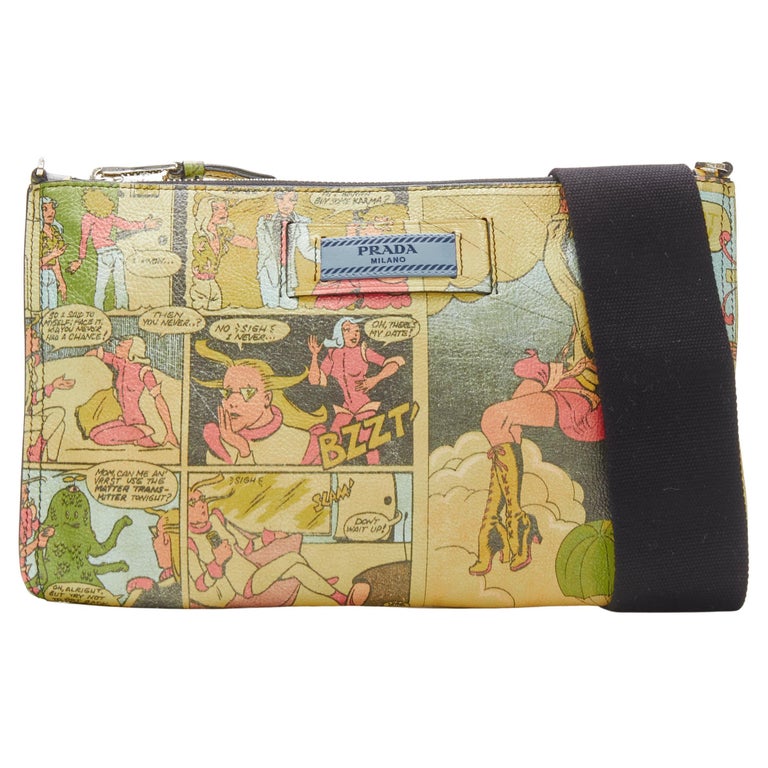 PRADA Comic Book Print leather top zip pouch sports strap crossbody bag ...