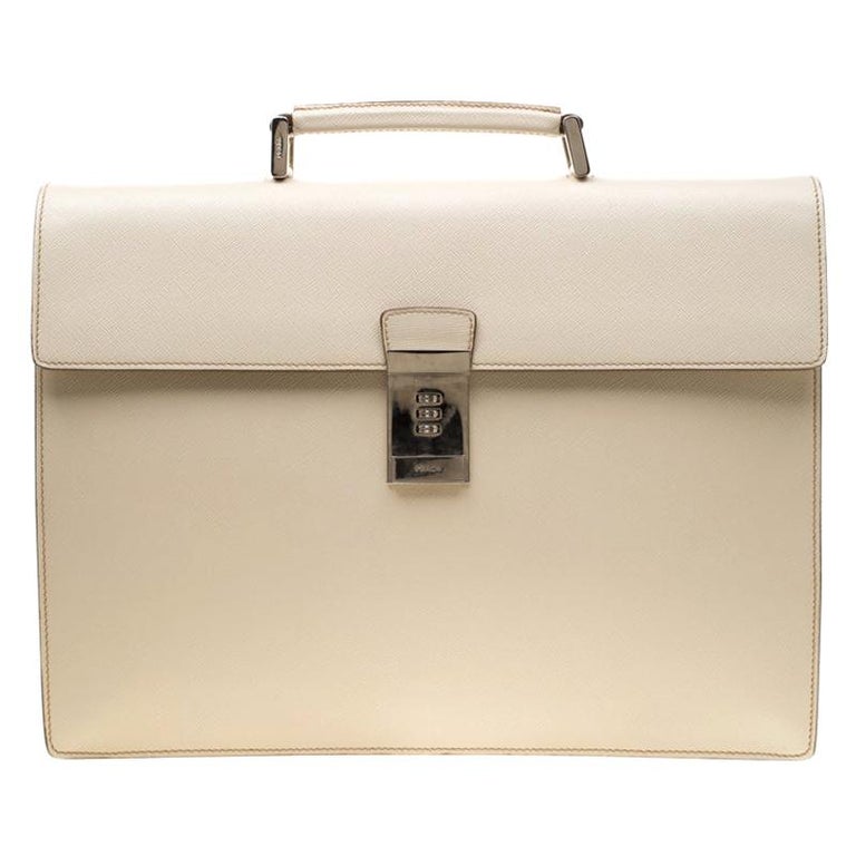 Prada Cream Saffiano Cuir Leather Briefcase at 1stDibs