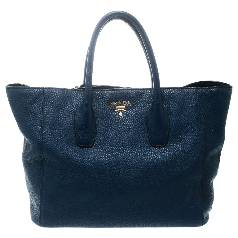 Prada Dark Blue Vitello Daino Leather Shopper Tote For Sale at 1stDibs