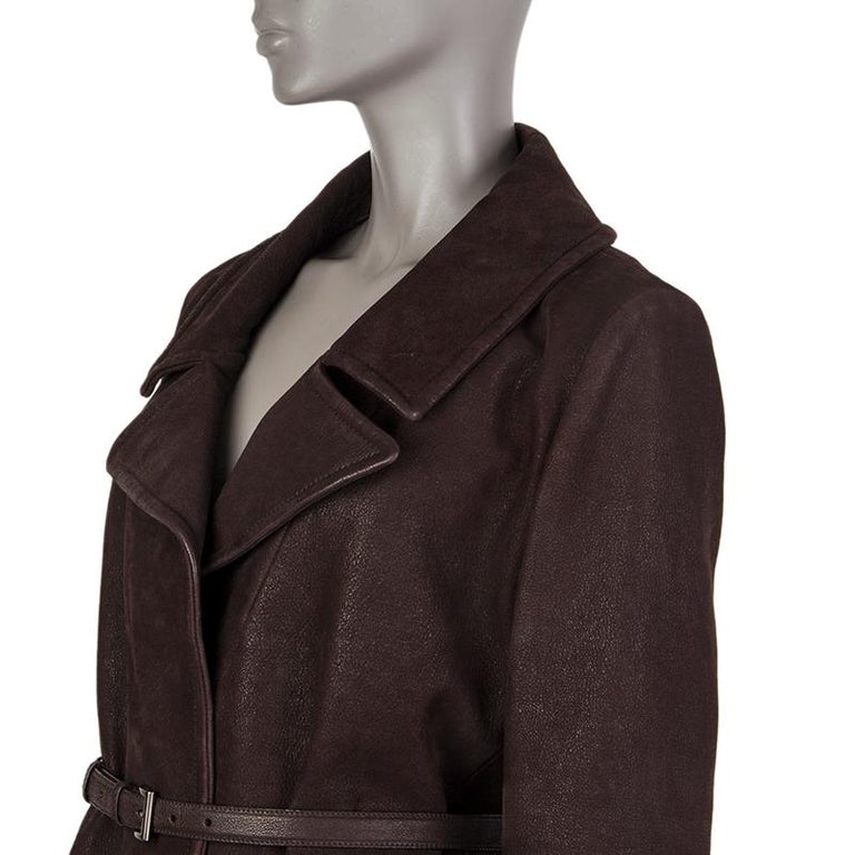 PRADA dark brown COATED LEATHER BELTED Coat Jacket 42 M For Sale at 1stDibs