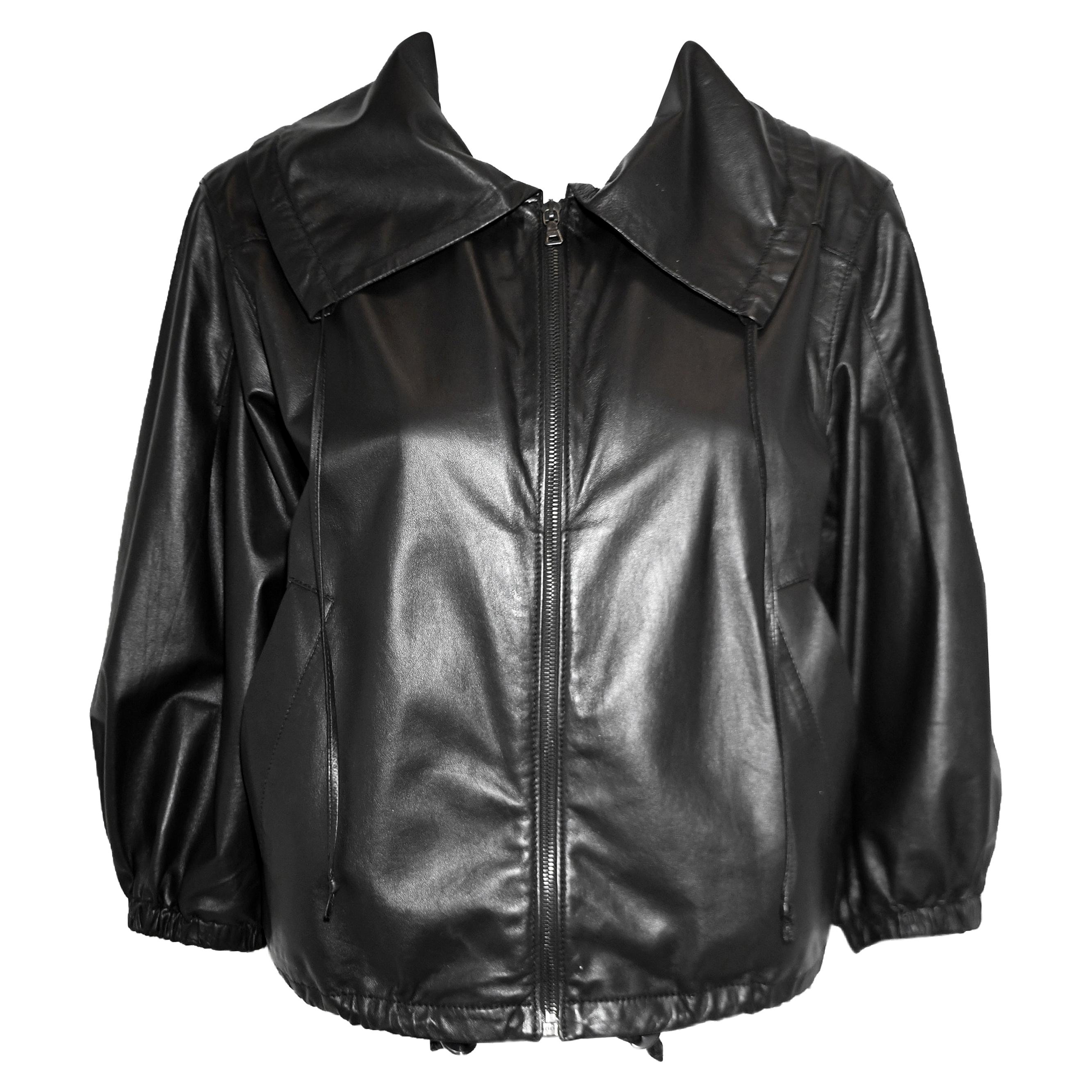 Prada Dark Brown Leather Bomber Jacket With Adjustable Waist and Collar ...