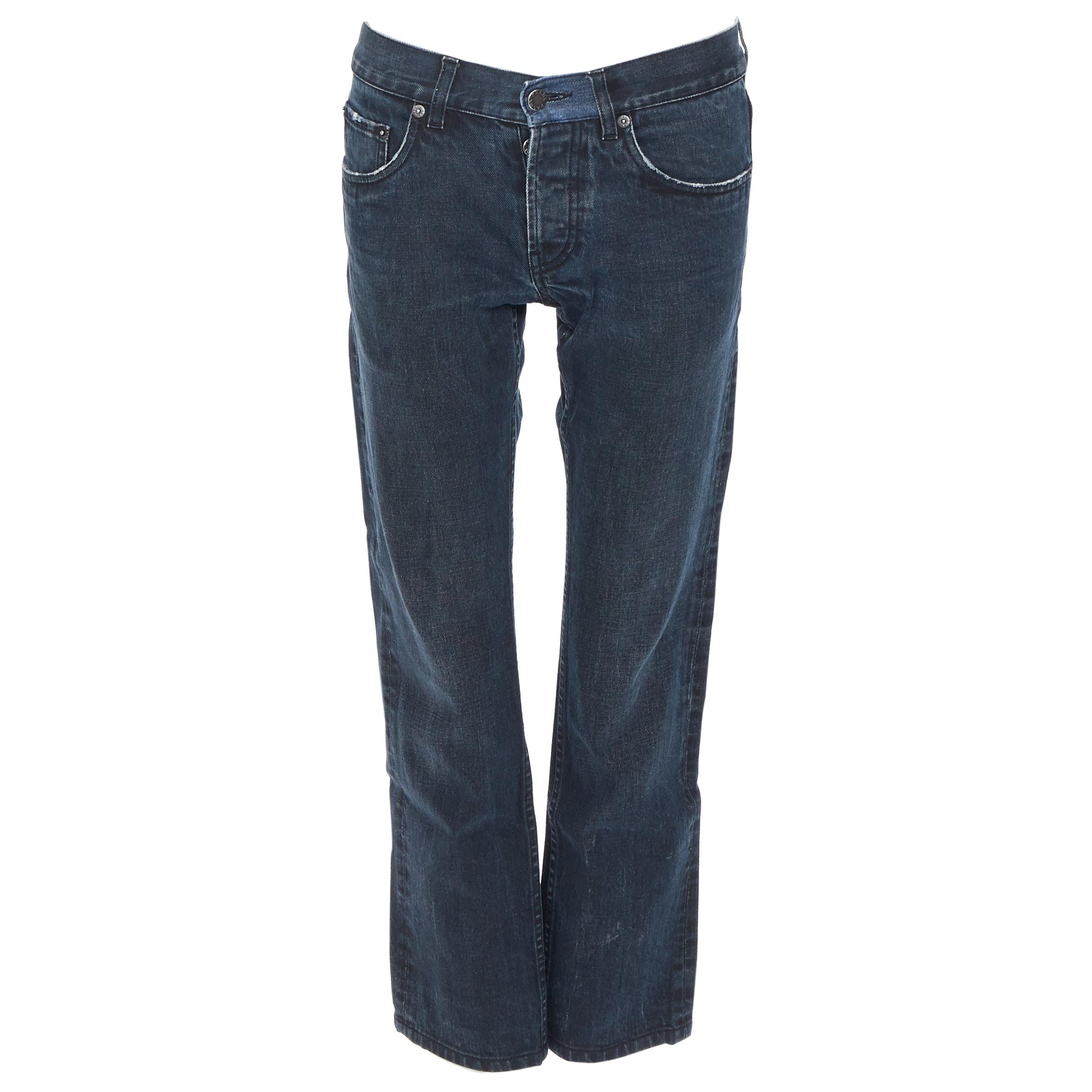 Prada Blue Denim Leather Trim Straight Leg Jeans S For Sale at 1stDibs