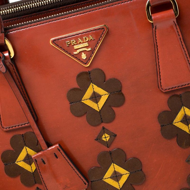 Prada Dark Orange Floral Applique Leather Medium Double Zip Tote at 1stDibs