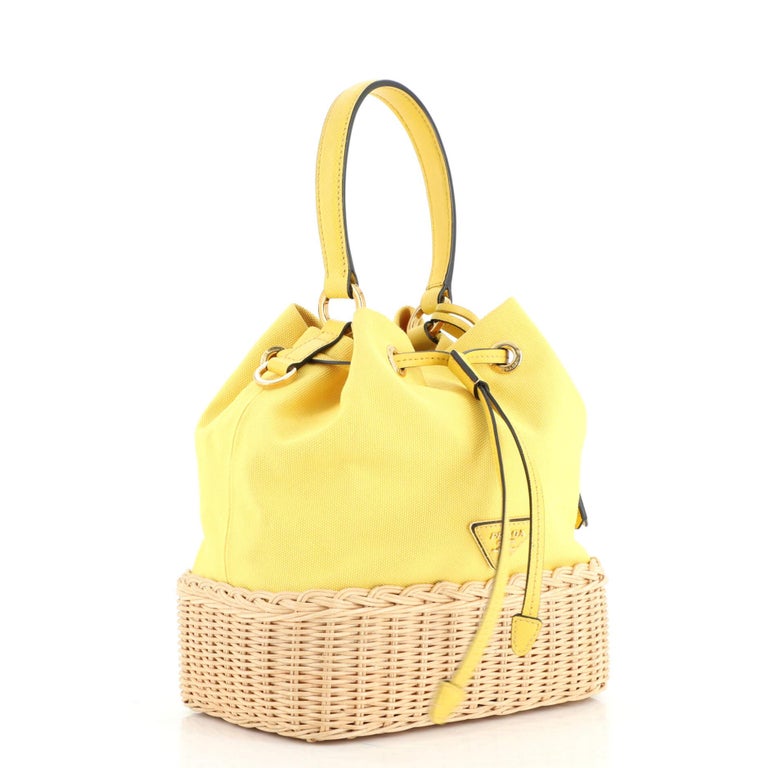 Prada Drawstring Bucket Bag Canvas and Wicker Medium For Sale at 1stDibs