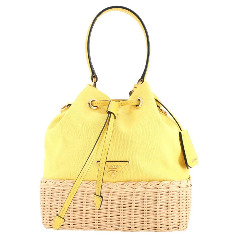 Prada Drawstring Bucket Bag Canvas and Wicker Medium For Sale at 1stDibs