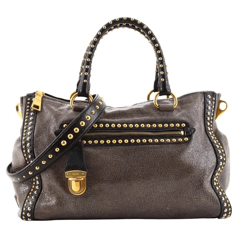Prada Front Press Lock Pocket Satchel Studded Craquele Leather Large ...