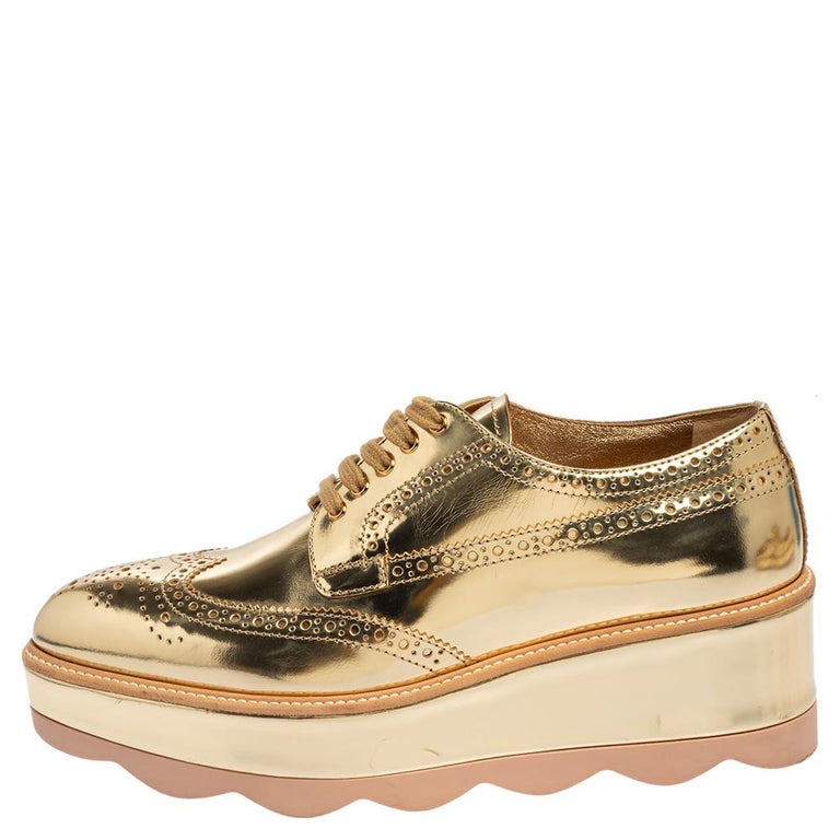 Prada Gold Brogue Leather Wave Wingtip Platform Derby Size 39 at ...