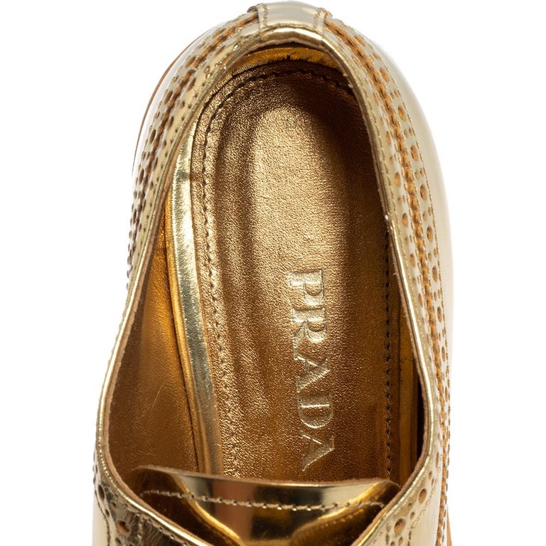 Prada Gold Brogue Leather Wave Wingtip Platform Derby Size 39 at ...