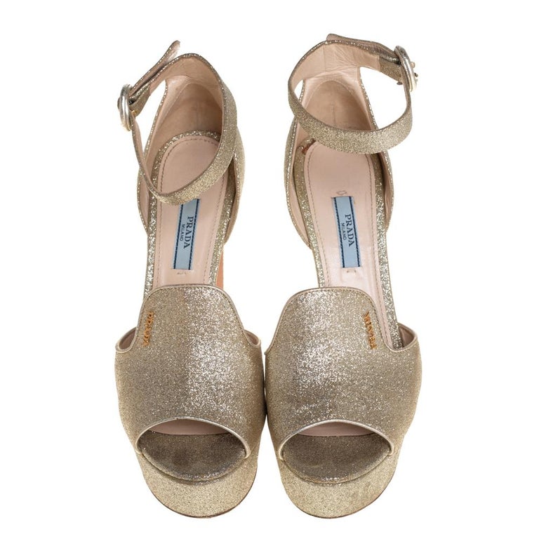 Prada Gold Glitter Ankle Strap Block Heel Platform Sandals Size 38.5 at ...