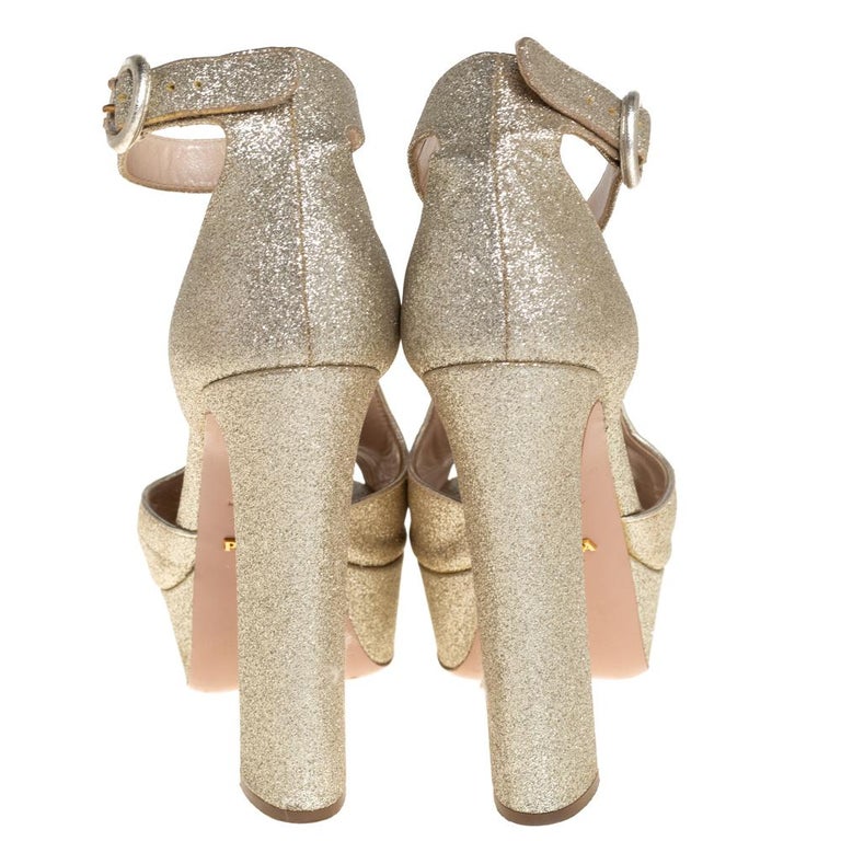 Prada Gold Glitter Ankle Strap Block Heel Platform Sandals Size 38.5 at ...