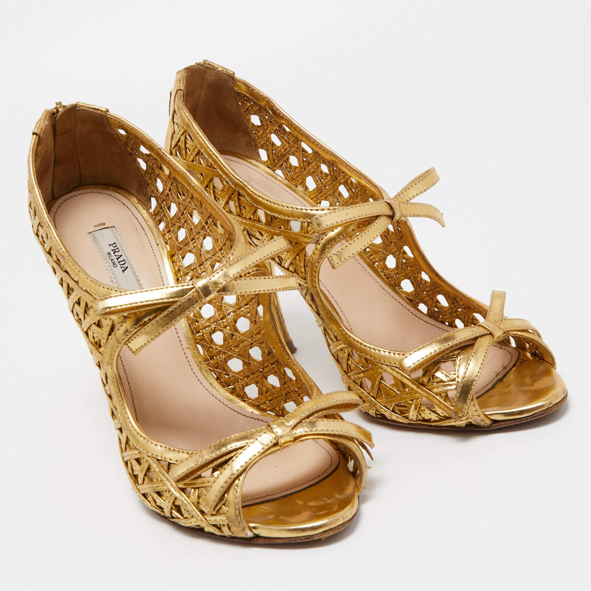 Prada Gold Leather Bow Open Toe Caged Sandals Size 38.5 For Sale at 1stDibs