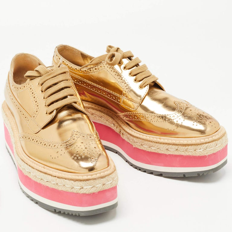 Prada Gold Leather Derby Sneakers Size 39 For Sale at 1stDibs