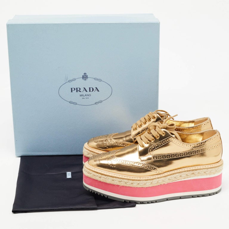 Prada Gold Leather Derby Sneakers Size 39 For Sale at 1stDibs