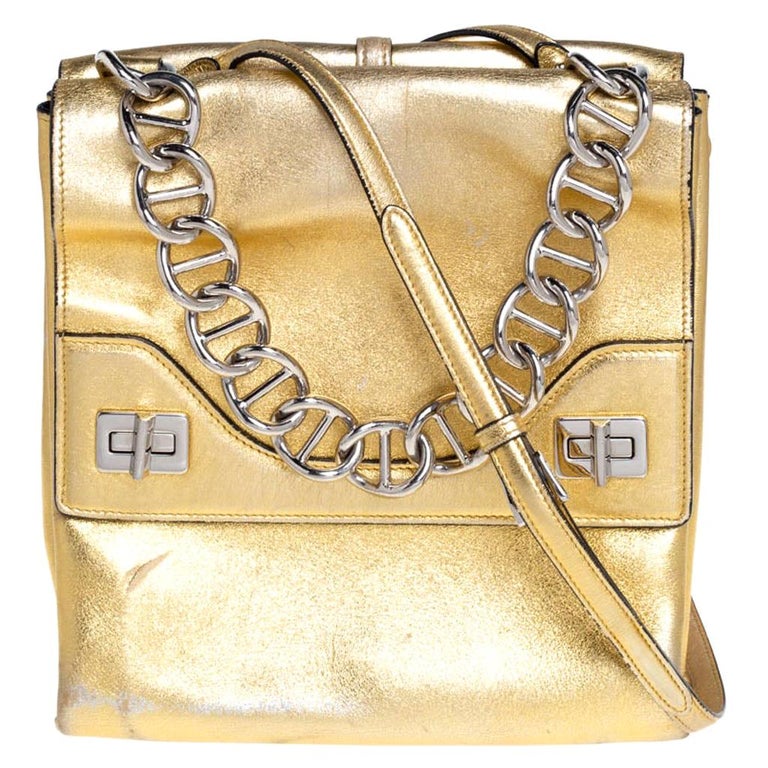 Prada Gold Leather Double Flap Turn Lock Shoulder Bag at 1stDibs