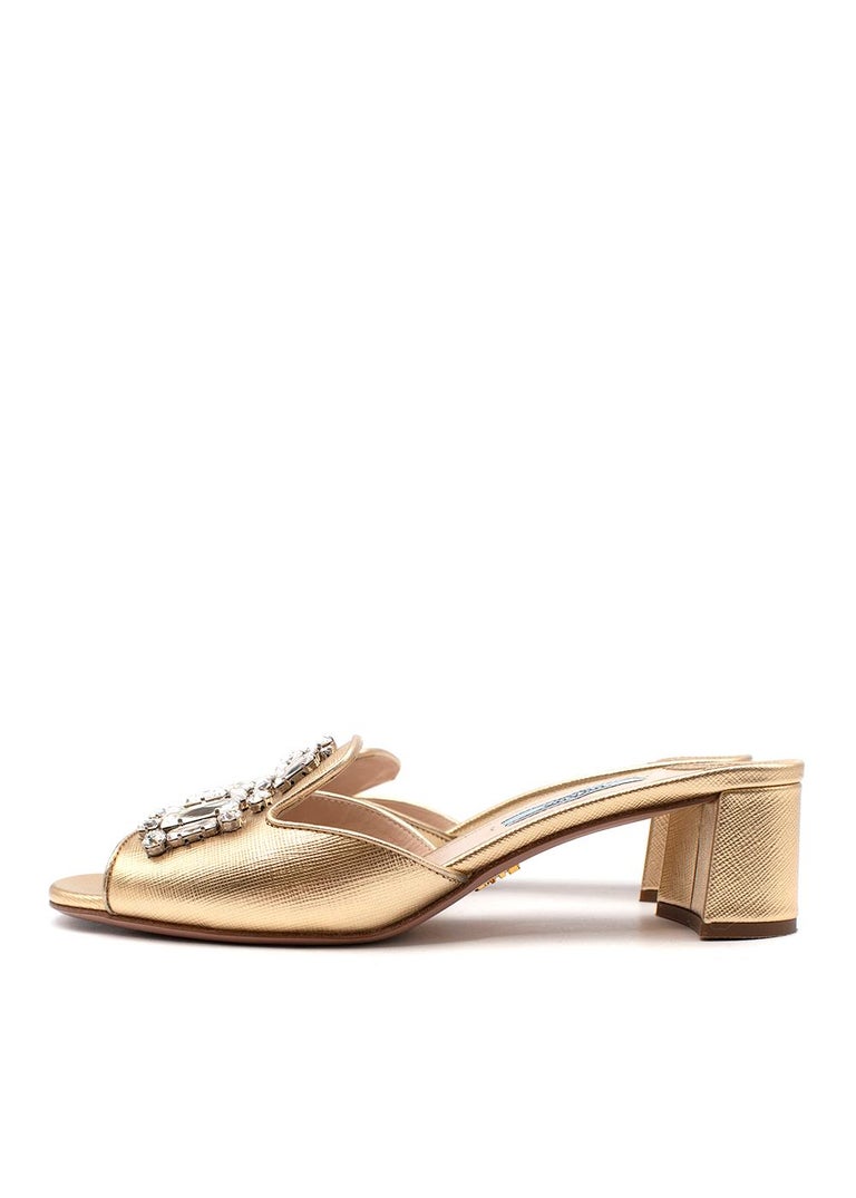 Prada Gold Saffiano Leather Crystal Embellished Heeled Sandals EU 37 ...