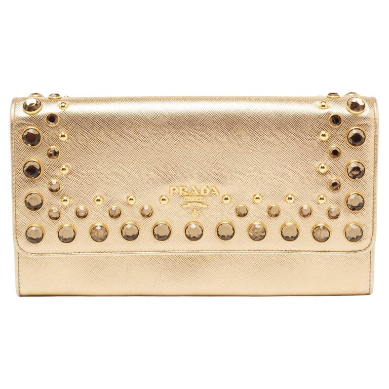Prada Gold Saffiano Lux Leather Jeweled Studded Flap Continental Wallet ...