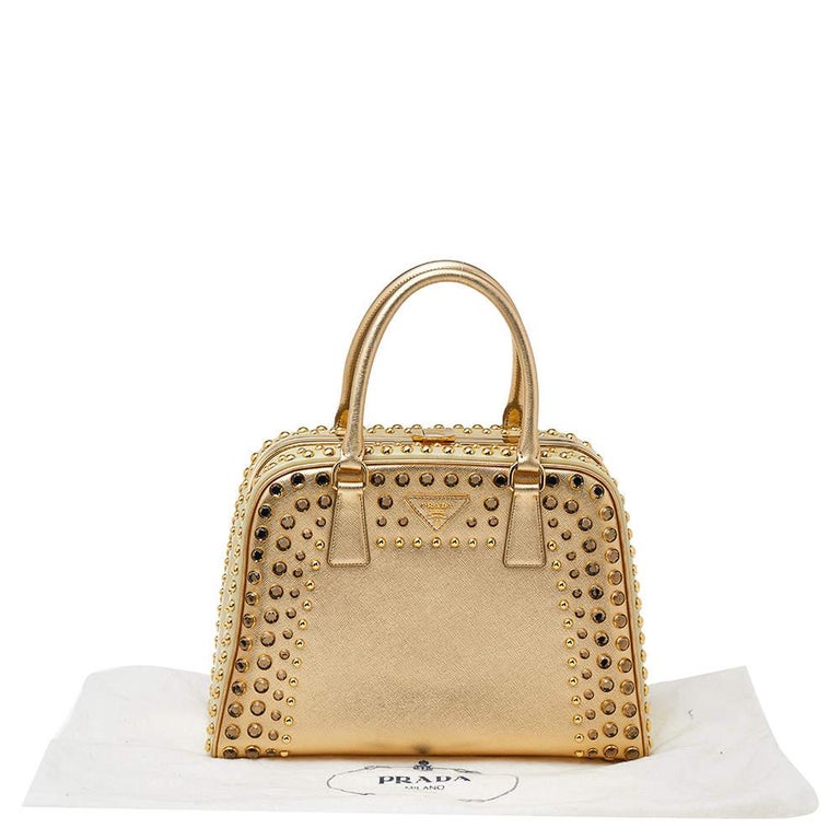 Prada Gold Saffiano Lux Leather Studded Pyramid Frame Satchel For Sale ...