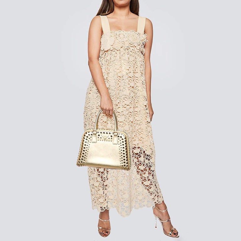 Prada Gold Saffiano Lux Leather Studded Pyramid Frame Satchel For Sale ...