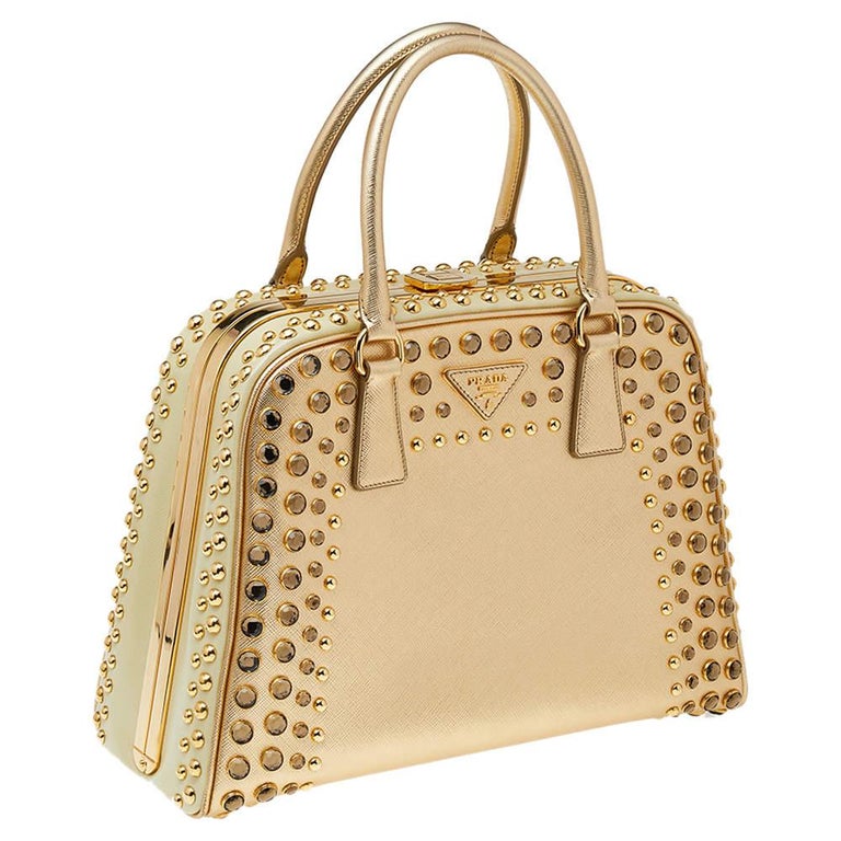 Prada Gold Saffiano Lux Leather Studded Pyramid Frame Satchel For Sale ...