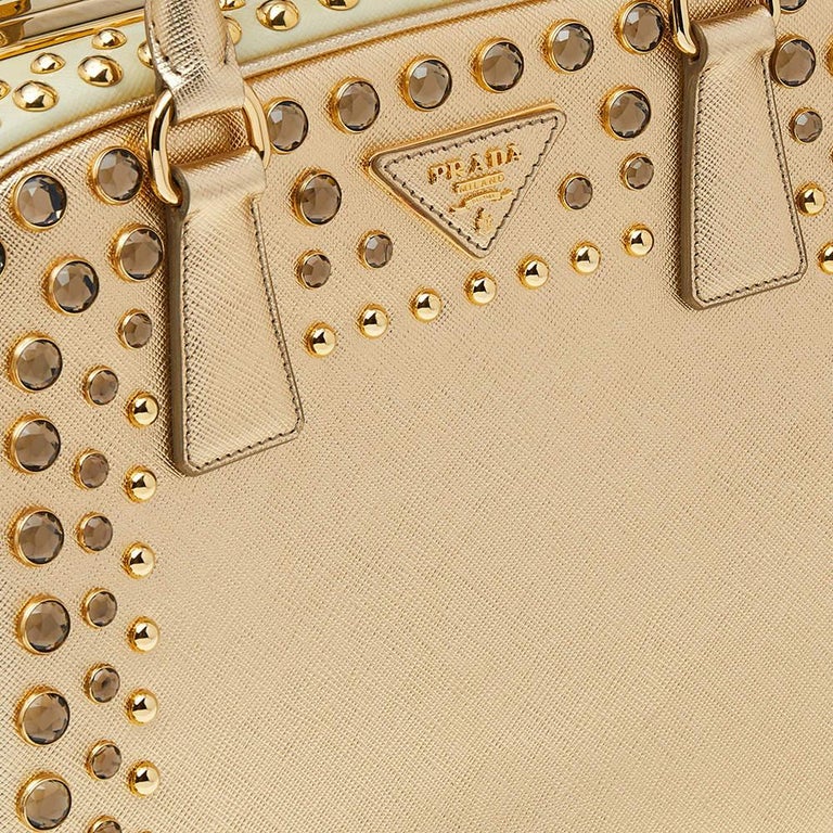 Prada Gold Saffiano Lux Leather Studded Pyramid Frame Satchel For Sale ...