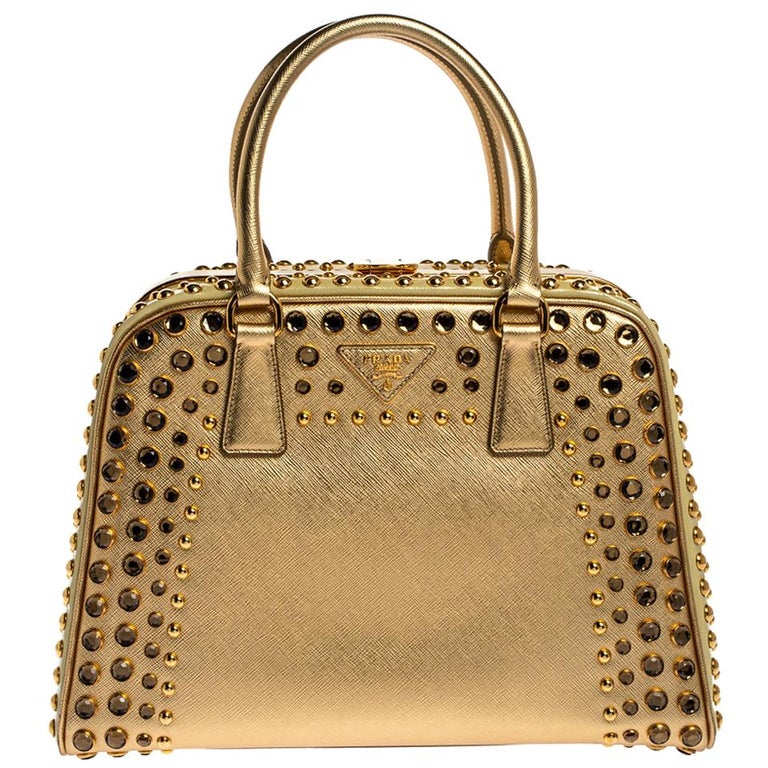 Prada Gold Saffiano Lux Leather Studded Pyramid Frame Satchel at 1stDibs