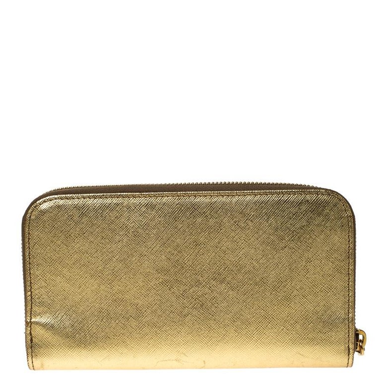 Prada Gold Saffiano Metal Leather Zip Around Wallet at 1stDibs | ruched ...